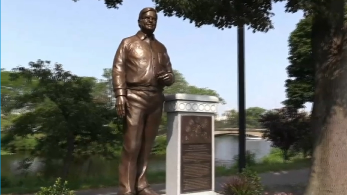 David G. Mugar statue was unveiled on the Esplanade on Saturday morning ...