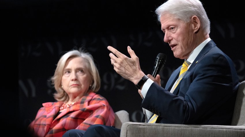 Former US President Bill Clinton, right, and Hillary Clinton, former US Secretary of State, during an interview for an episode of “The David Rubenstein Show: Peer-to-Peer Conversations” at the 92nd Street Y in New York, US, on Thursday, May 4, 2023. The Clintons discussed what they’ve learned from one another, how they have influenced each other’s leadership styles and politics, and their hopes for the future of America. Photographer: Jeenah Moon/Bloomberg via Getty Images
