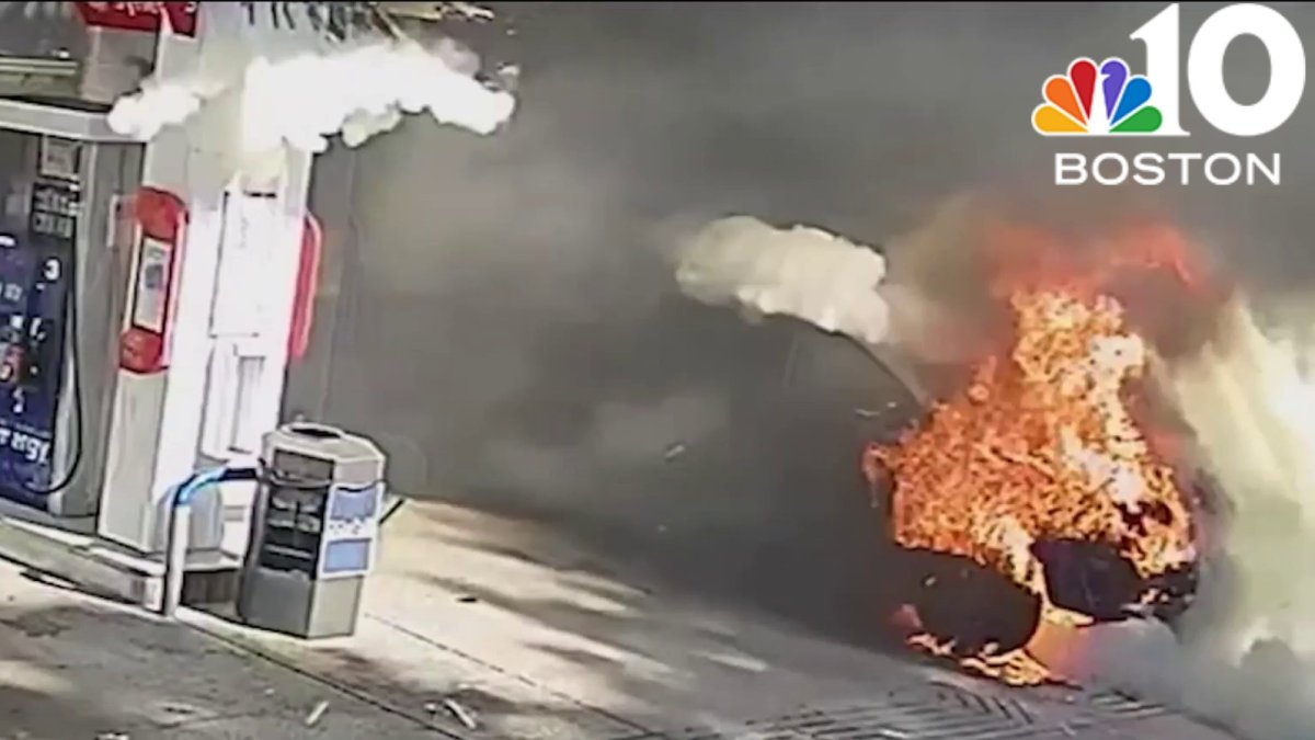 Video shows pickup on fire at Billerica gas station – NBC Boston