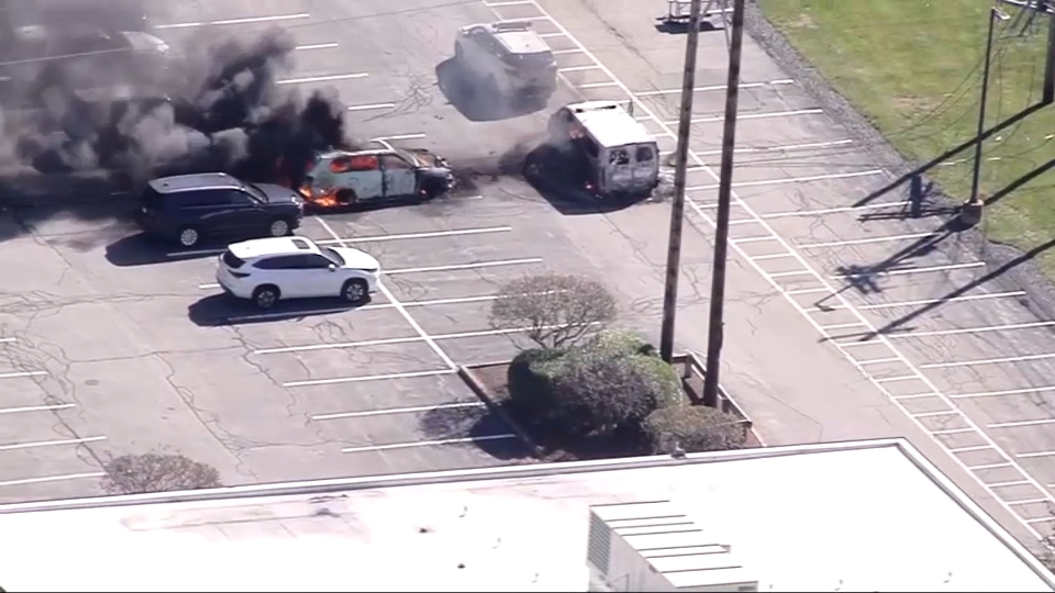 Waltham, MA parking lot power line car fire — video, photos – NBC Boston